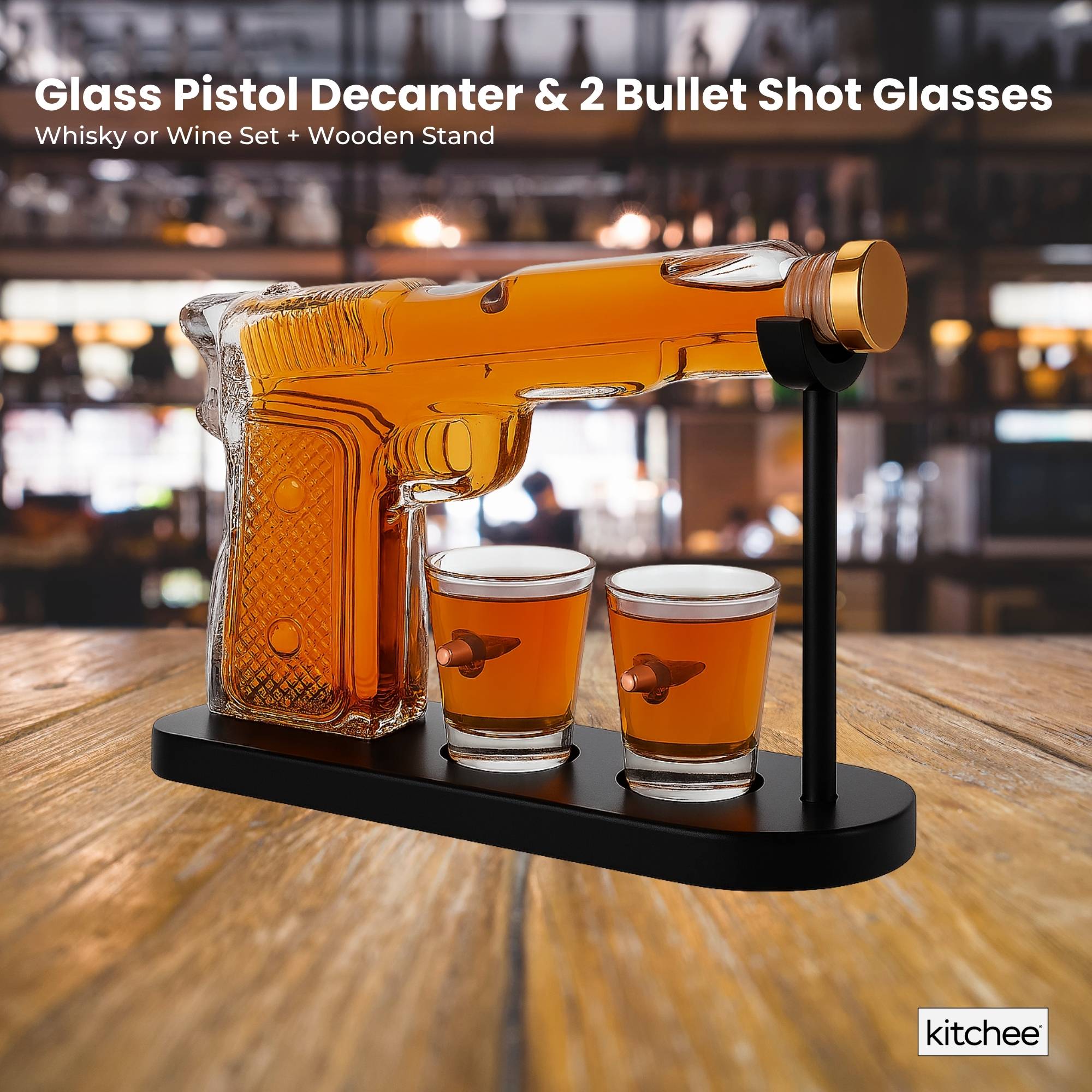 225mL Whisky or Wine Decanter Glass Pistol Set - 2 Shot Glasses ...